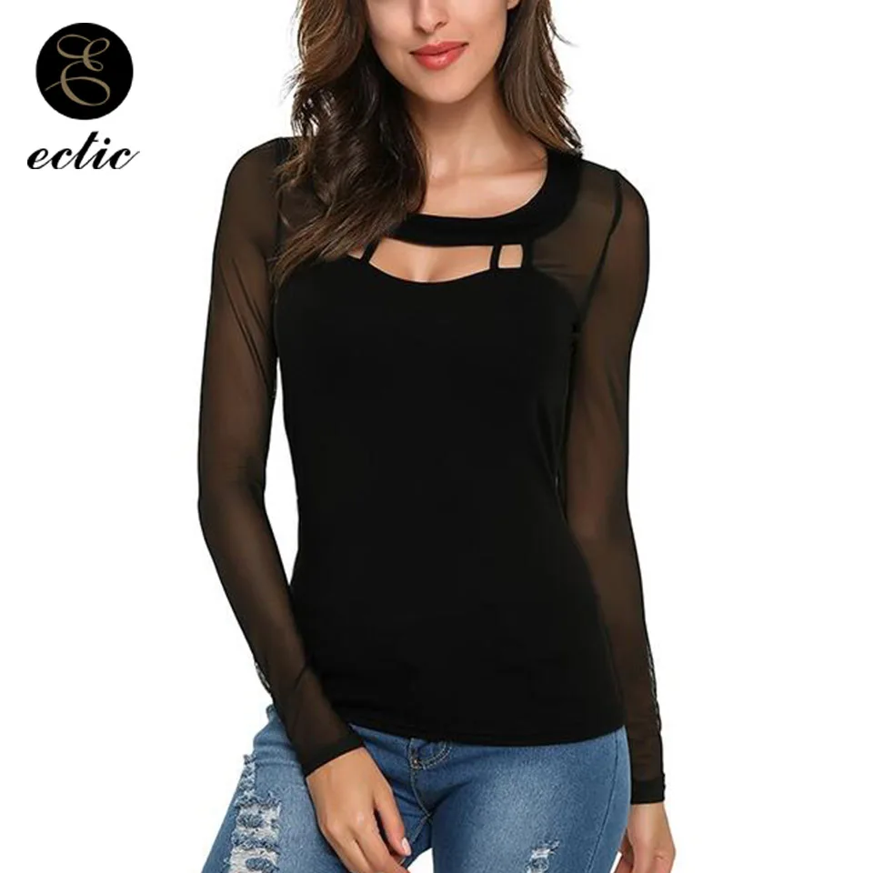Transparent-Mesh-Long-Sleeve-Patchwork-Shirt-Hollow-Out-Open-Chest-Top ...