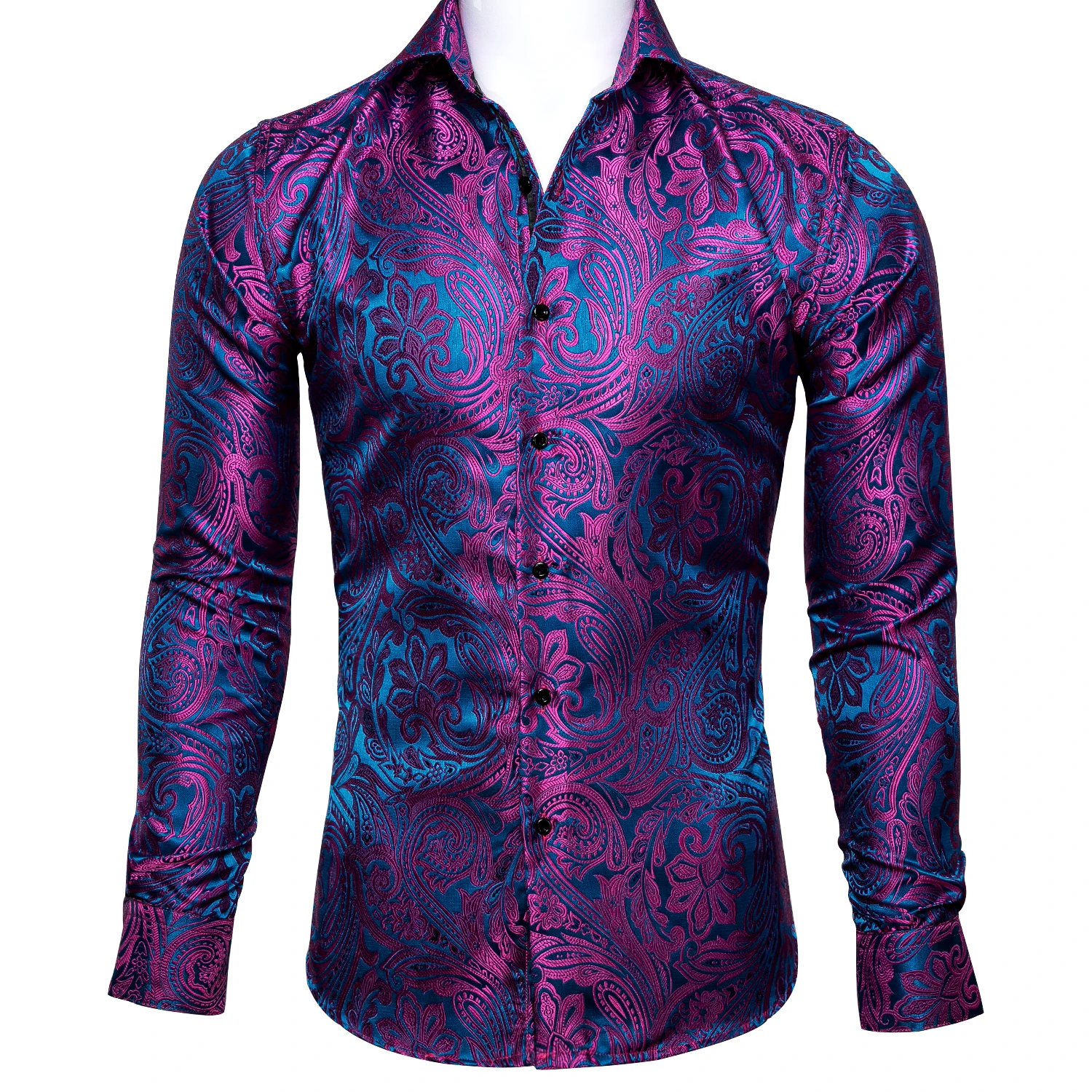Barry.wang Luxury Rose Red Paisley Silk Shirts Men Long Sleeve Casual ...