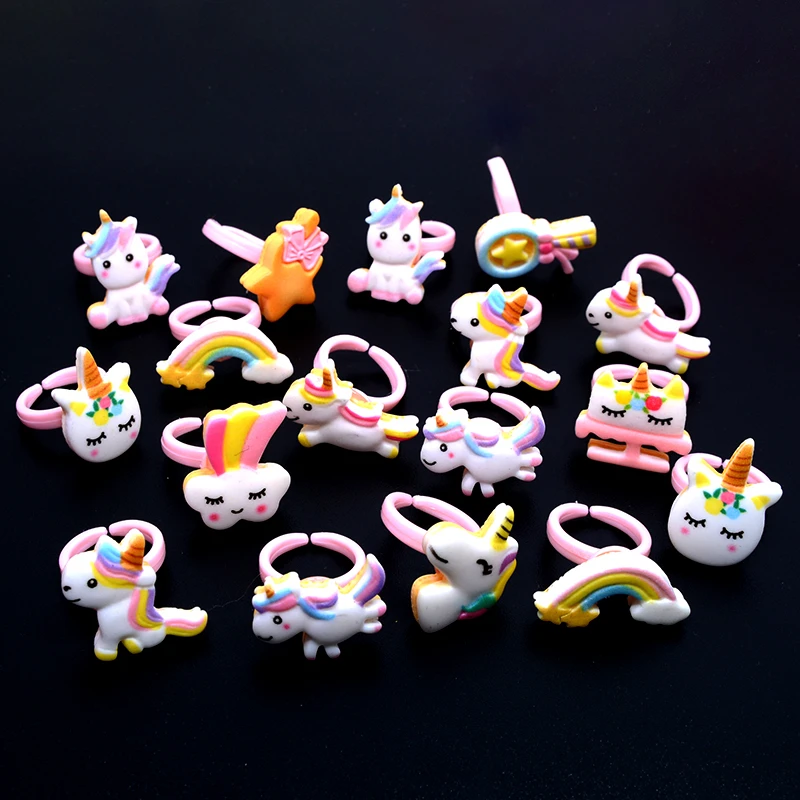 20pc Cartoon Animal Rainbow Unicorn Horse Kids Finger Girl Rings Favors ...