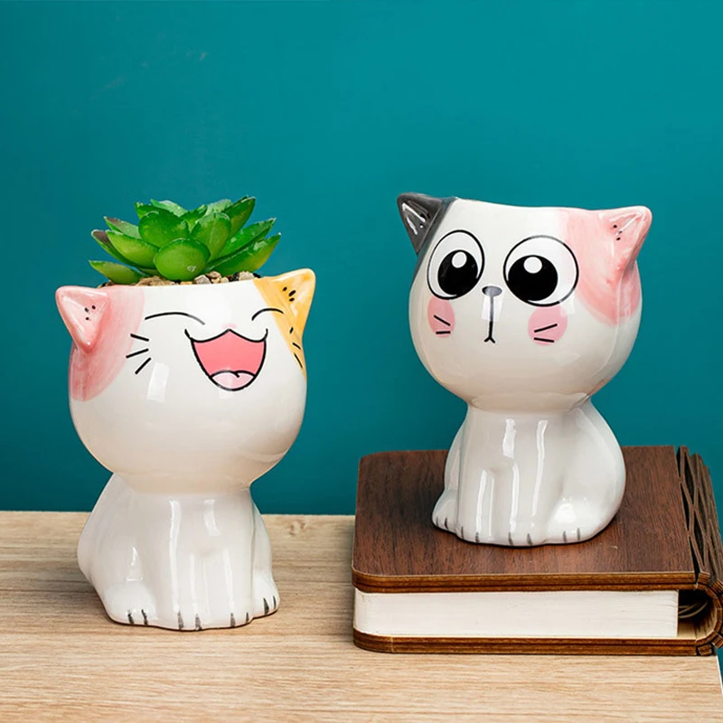 Nordic Cartoon Cat Miniature Model Ceramic Flower Pot Home Office ...