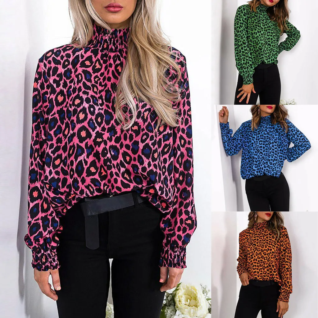 Leopard blouse Women fashion Stand Neck winter and spring blouse Neon ...