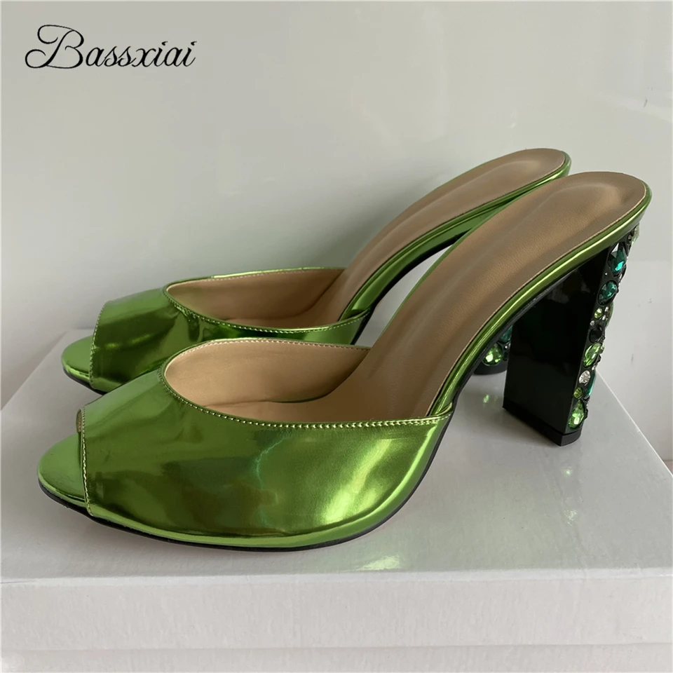 Green-Patent-Leather-Runway-Mules-Lady-Sexy-Open-Toe-Diamond-High-Heel ...