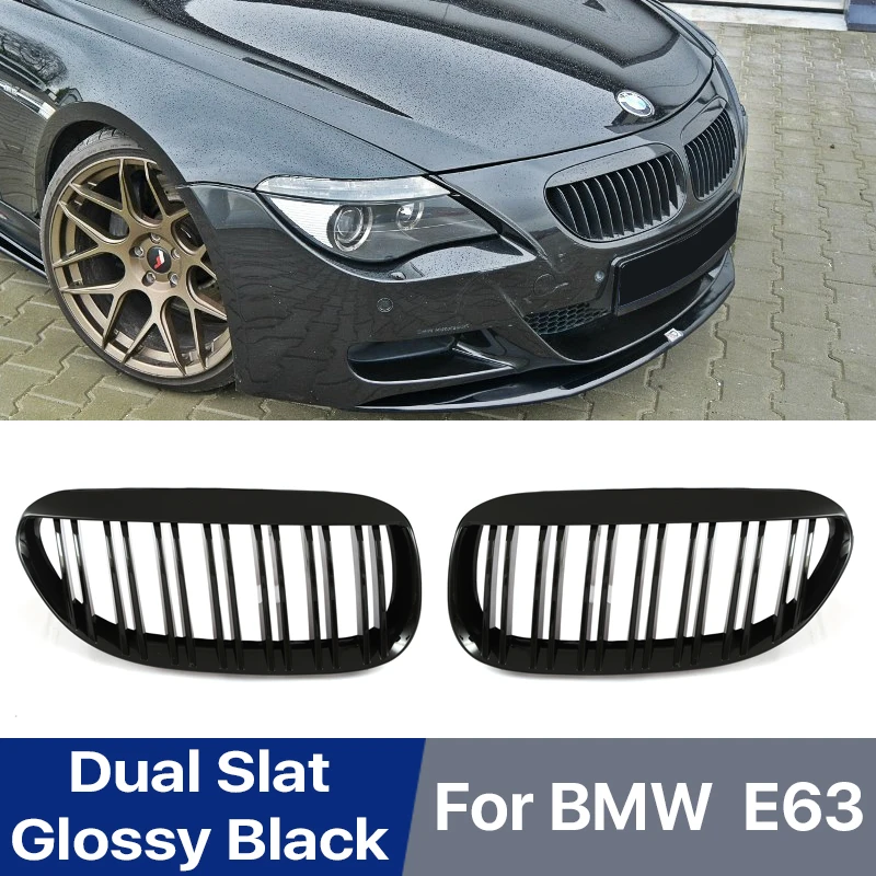Gloss Black Double Slat Grilles Front Bumper Kidney Grill For BMW 6 ...