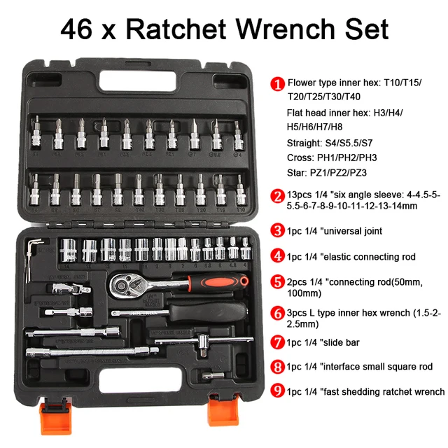 46pcs Aluminum Trolley Case Tool Kit Wrenches Spanners Hex Socket ...