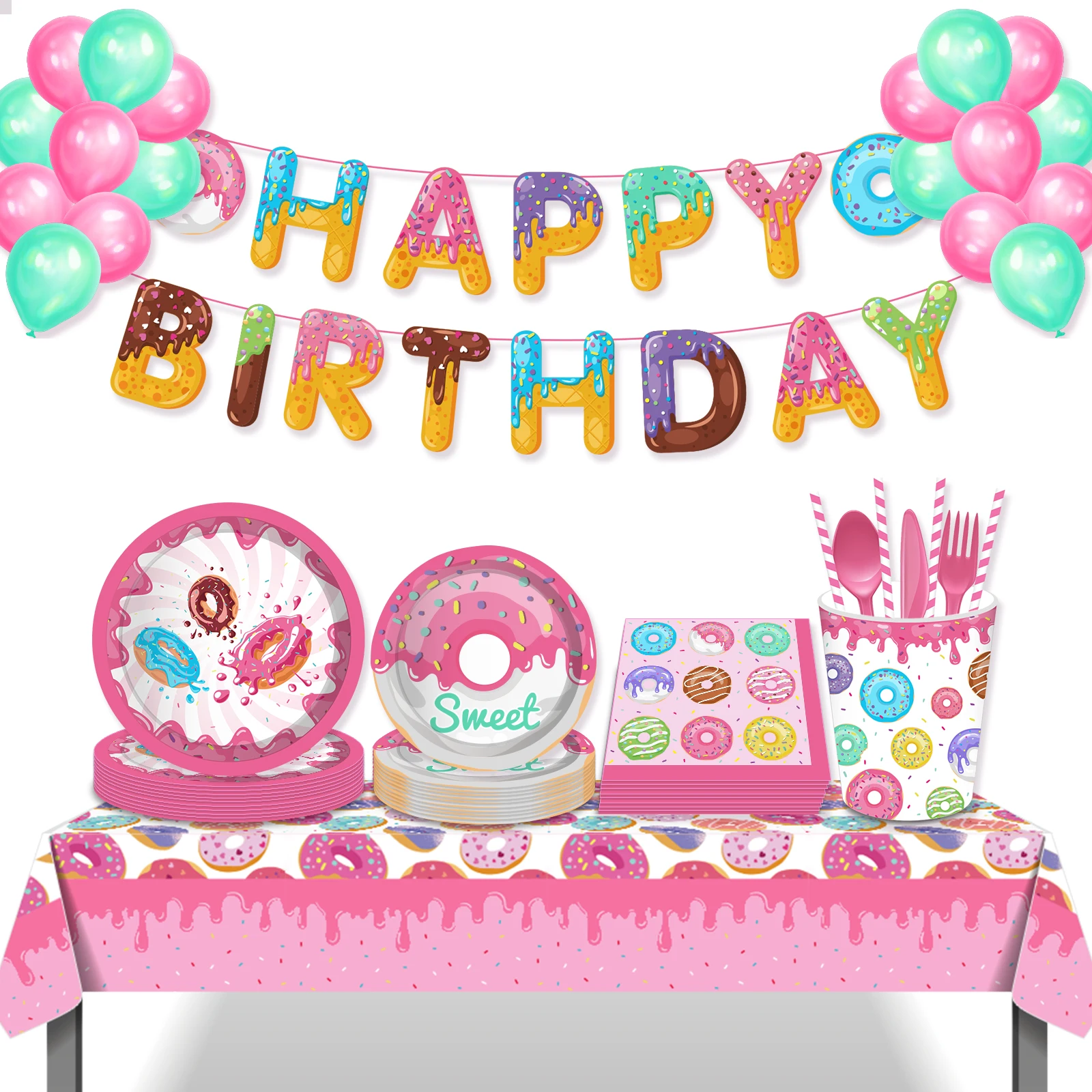 Sweet Donuts Theme Party Decorations Sets Plates Napkins Cups ...