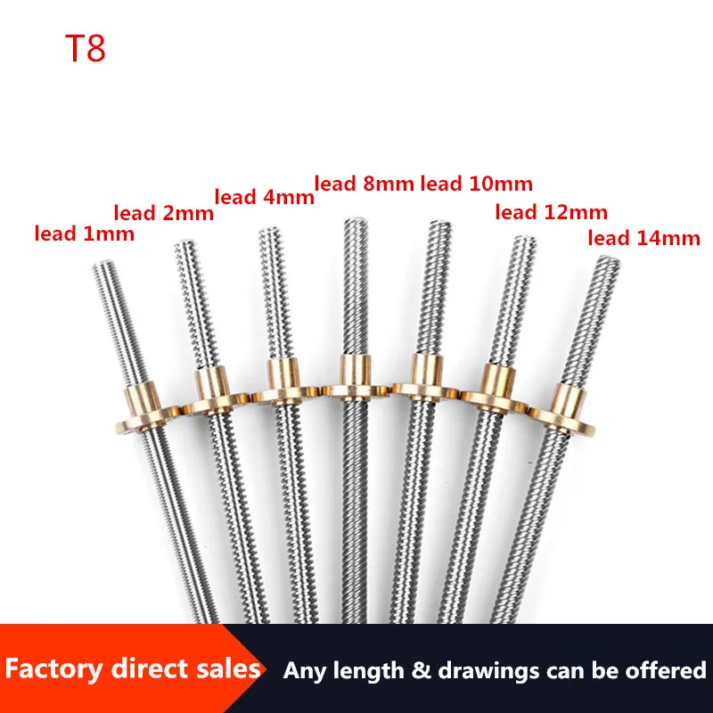 2pcs T8 Trapezoidal Rod Lead Screw Thread 8mm Lead1/2/4/8mm Length100mm200mm300mm400mm500mm600mm ...
