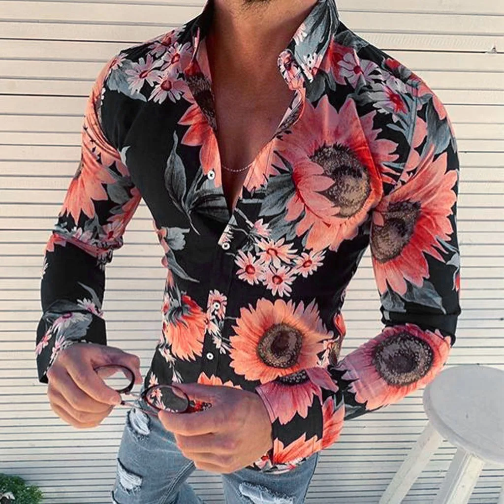 New Men's Floral Shirt Long Sleeve Casual Shirt Fashion Rose Flower 3d ...