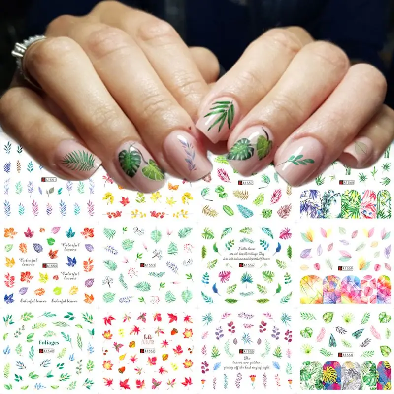 12 Pcs/set Nail Watermark Sticker Large Green Plant Pattern Epoxy ...