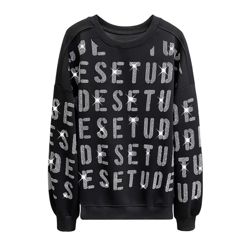 Vsue Vrouwen Sweatshirt Zwart Crew Neck Truien Letters Lange Mouw ...
