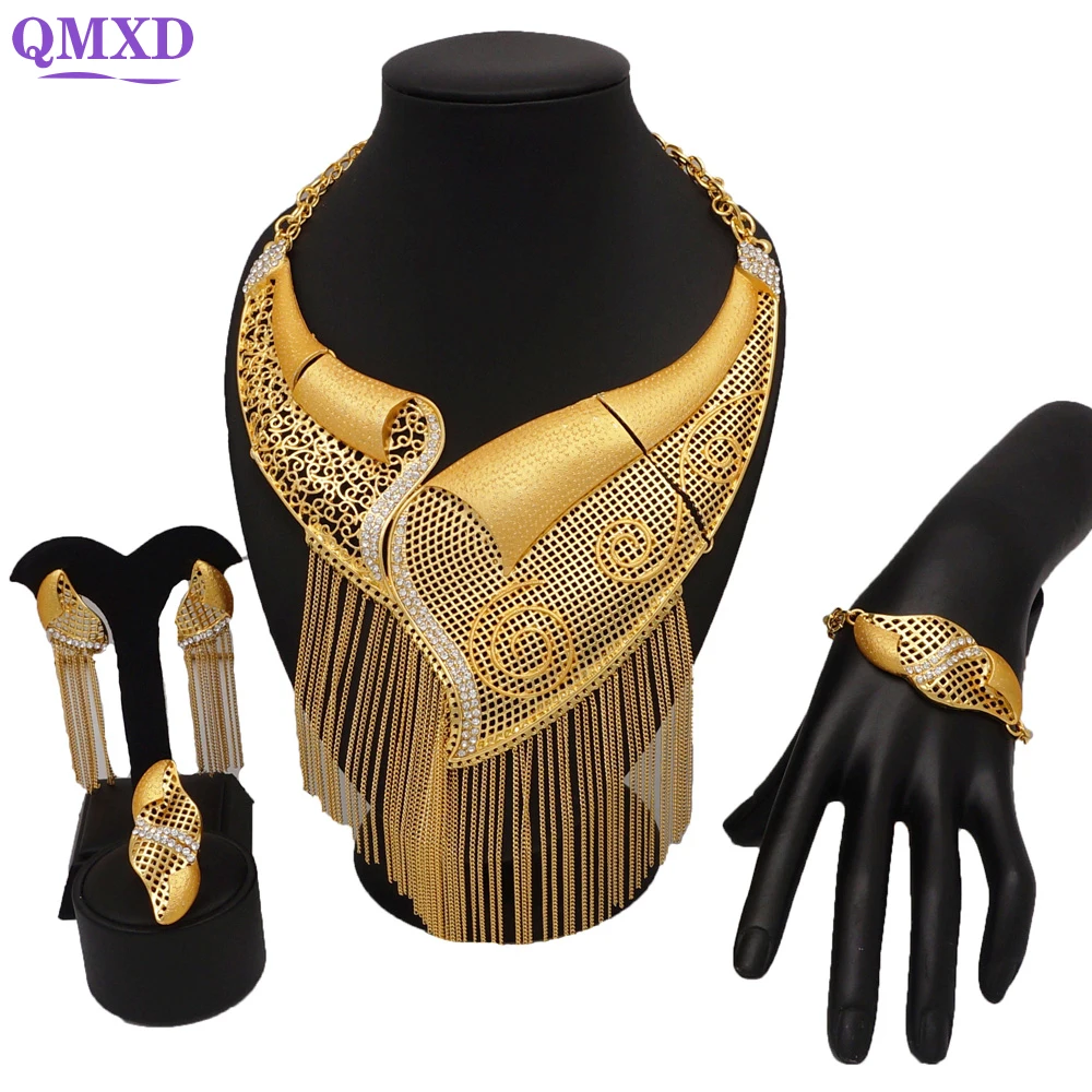 Dubai Gold Color Big Jewelry Sets Women Wedding Long Necklace Ethiopian ...