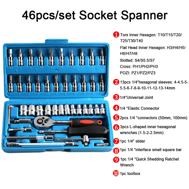 46pcs Aluminum Trolley Case Tool Kit Wrenches Spanners Hex Socket ...
