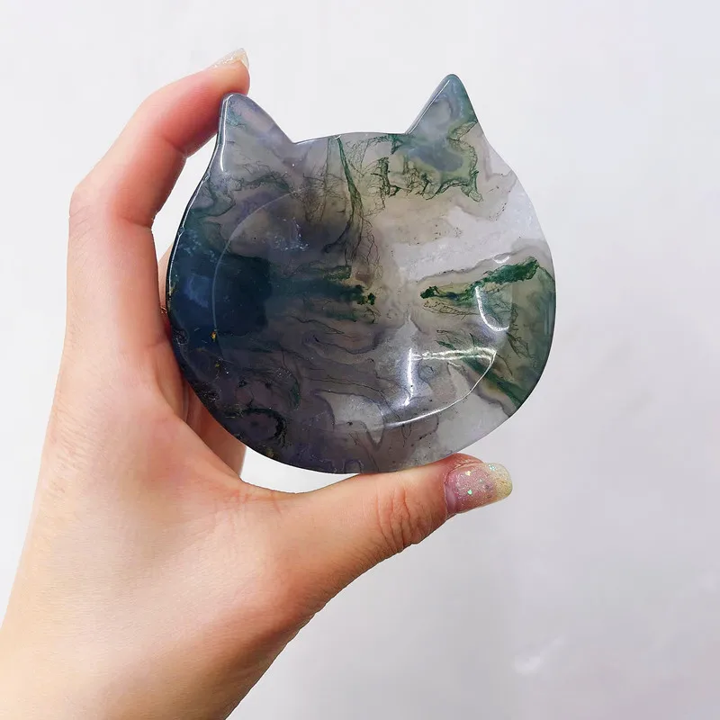 Natural Moss Agate Cat Shape Crystal Bowl Hand Carved Rough Stone ...