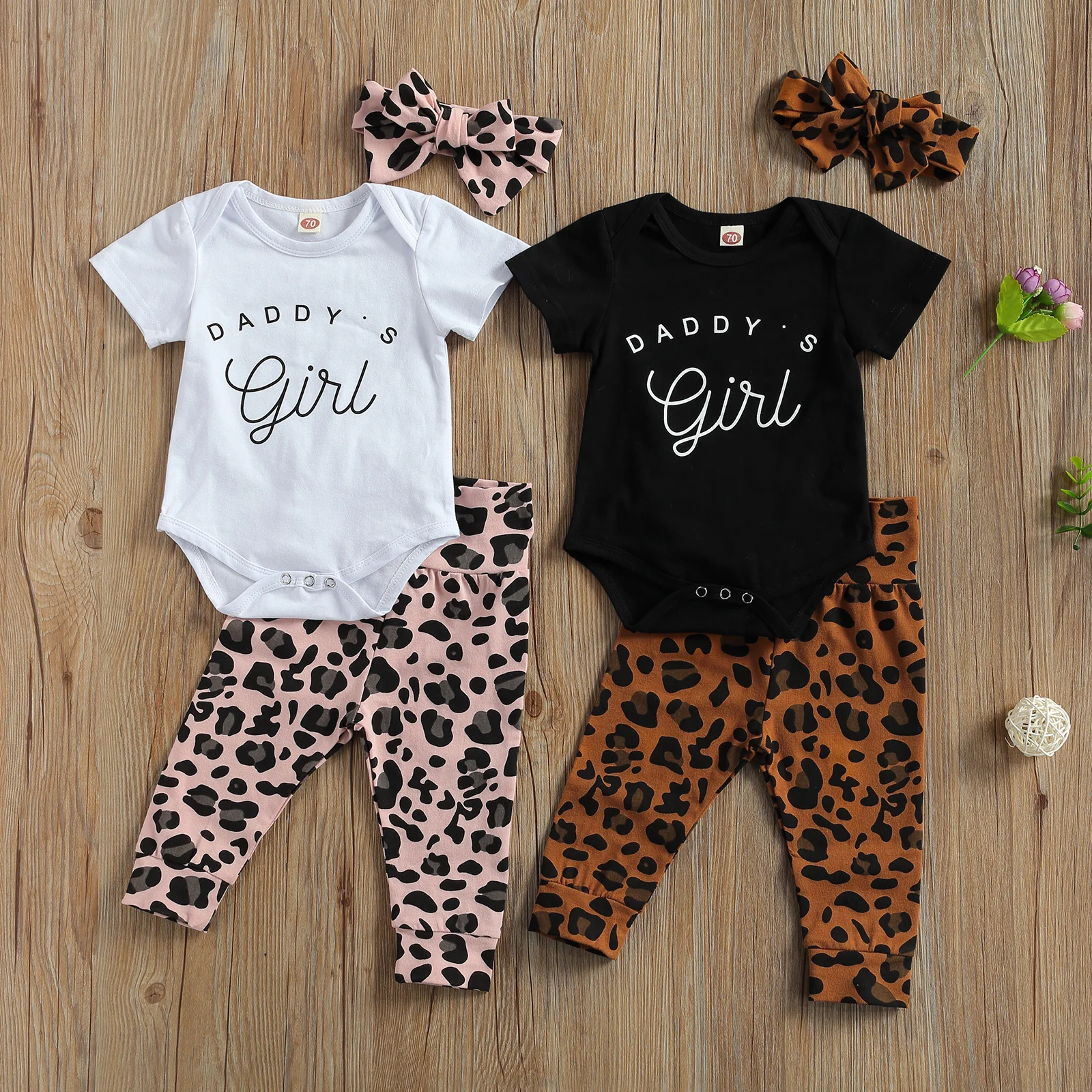 Newborn Baby Girls 3 piece Outfit Set Letter Print Romper+Leopard Pants ...