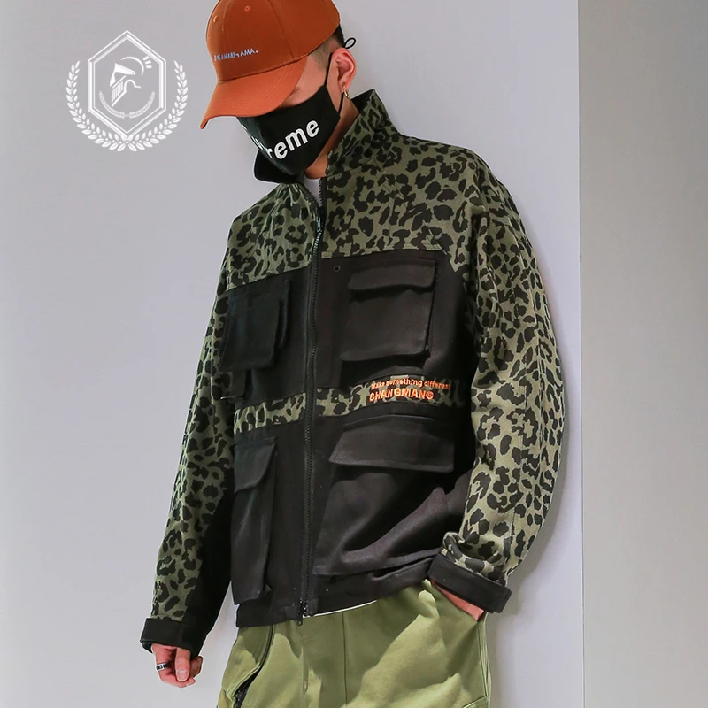 Men Fashion Loose Embroidery Leopard Print Jacket Casual Safari Style ...