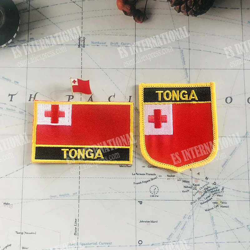 TONGA National Flag Embroidery Patches Badge Shield And Square Shape Pin One Set On The Cloth ...