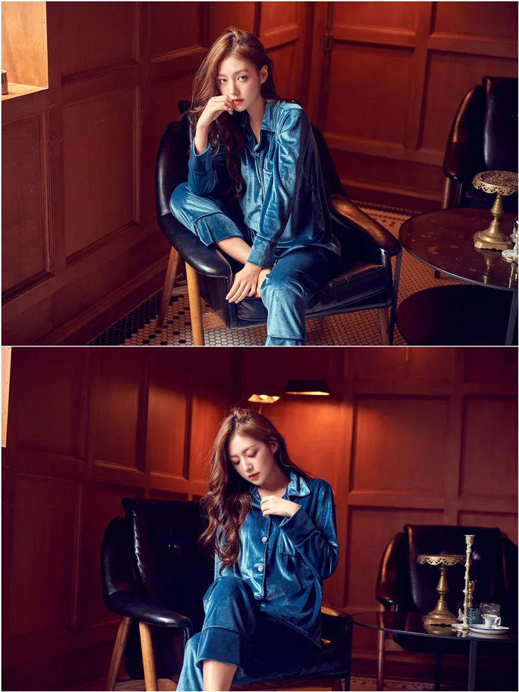 Осенне-зимние теплые пижамы для женщин, темно-золотые бархатные ...