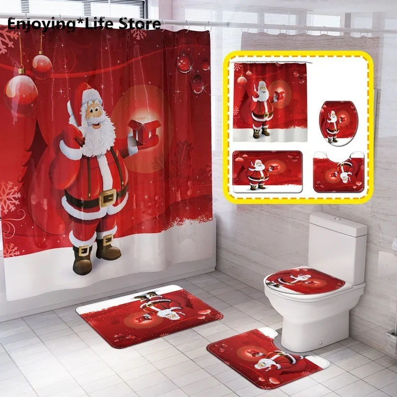 Santa Claus Print Shower Curtain Toilet Mat Carpet Combination Set ...