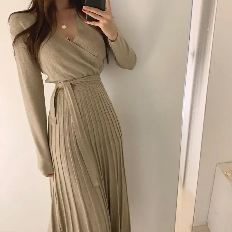 Женское длинное трикотажное платье с v-образным вырезом, зимнее платье ...