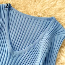 SINGREINY Women Autumn Knitted Dress V Neck Sexy Slim Elastic Oversized ...