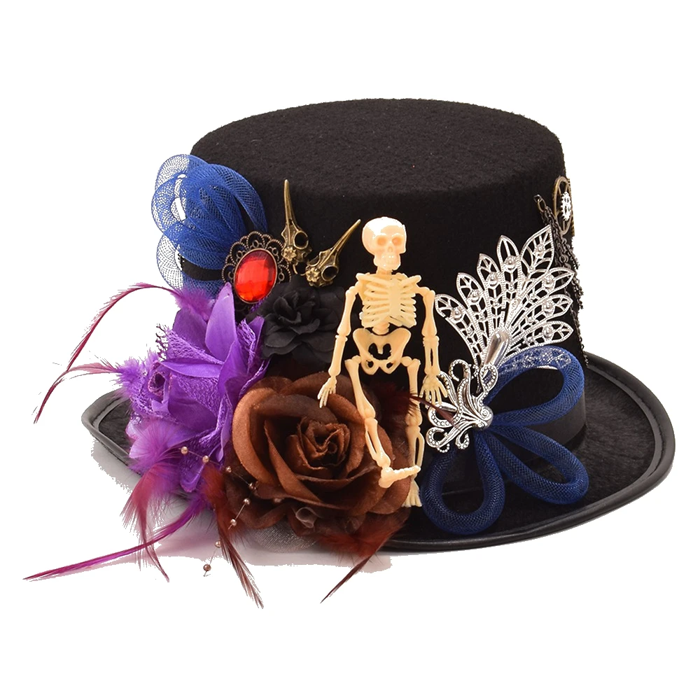 Unisex Women/Men Punk Fedora Halloween Hat Gear Chain Flower Headwear ...