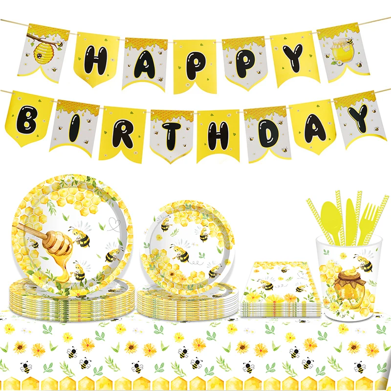 Lovely Bee Plates Napkins flag Cup straws tablecloth Bee party ...