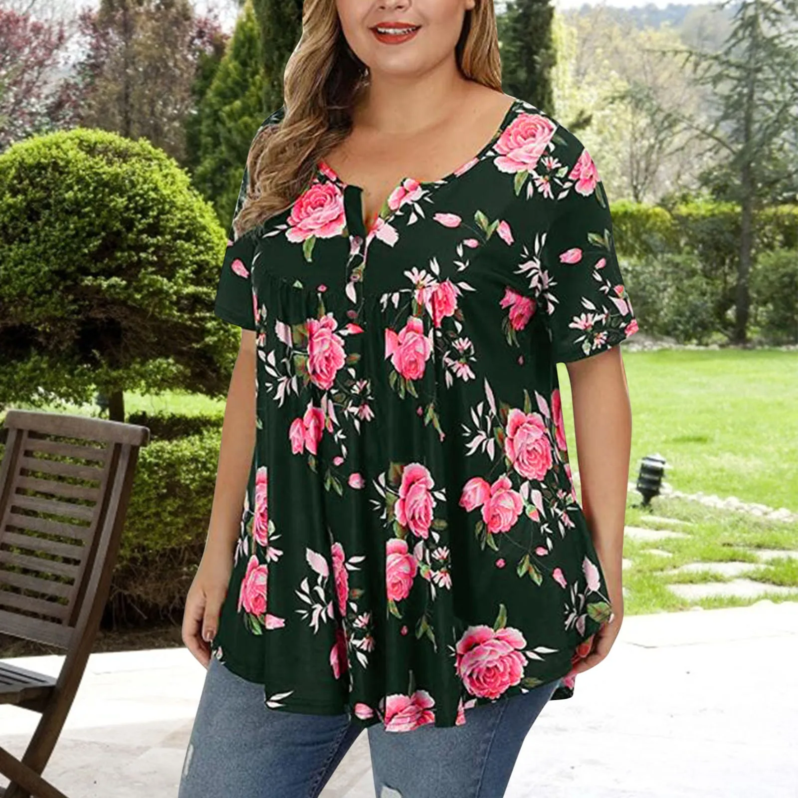 Plus-Size-Flower-Print-Tops-Women-s-Casual-Floral-Blouse-V-Neck-Button ...