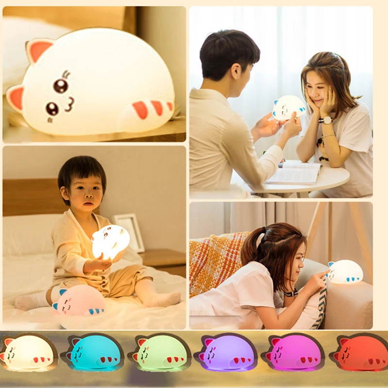 Veilleuse LED à capteur tactile en Silicone pour enfants, 7 couleurs, 2 modes, chat, lampe de ...