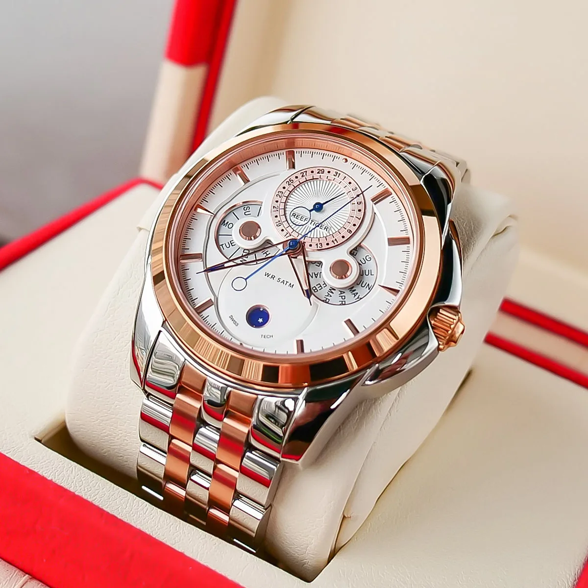 Reef Tiger/RT relojes lujosos de oro rosa con calendario, fases lunar ...