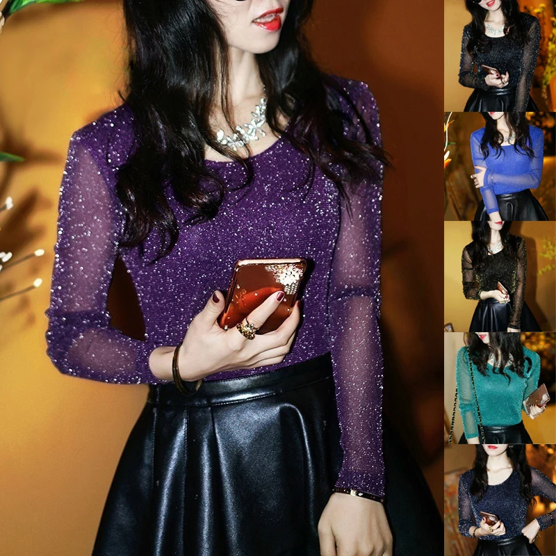 Sexy Shiny Mesh Transparent Shirts Tops For Women Spring Tops Long ...