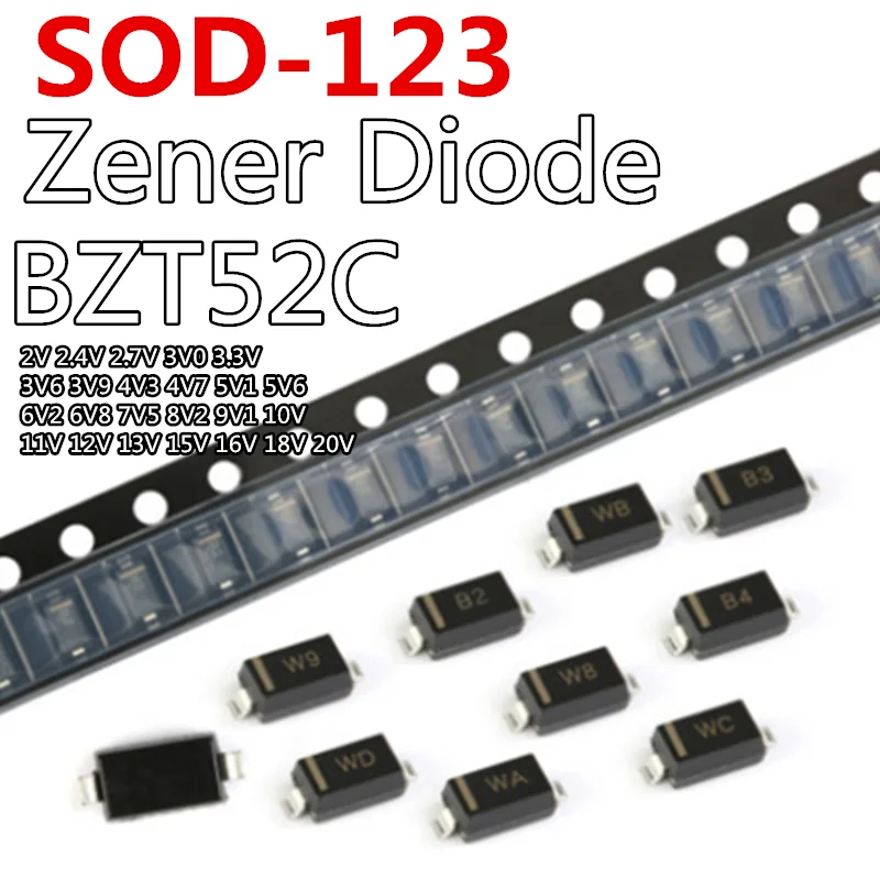 100pcs SOD-123 ZENER DIODE W8 2V 2.4V 2.7V 3V0 3.3V 3V6 3V9 4V3 4V7 5V1 5V6 6V2 6V8 7V5 8V2 9V1 ...