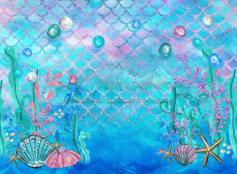 Little-Mermaid-Scale-Pearl-Coral-Starfish-Shell-Blue-Realistic-Undersea ...