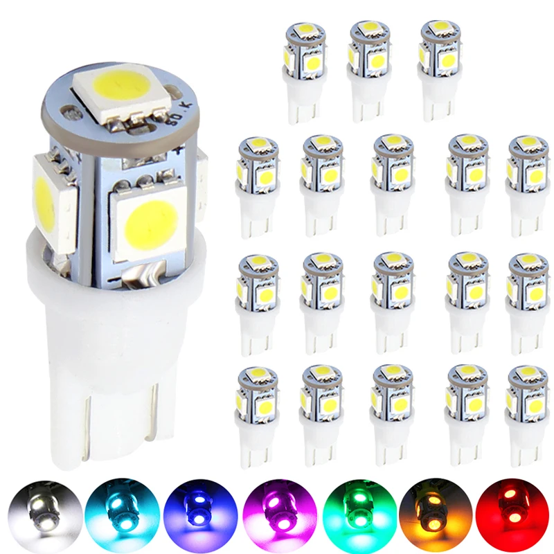 20pcs-W5W-T10-168-LED-Bulbs-5050-5-SMD-White-Red-Yellow-Ice-Blue-PinK ...