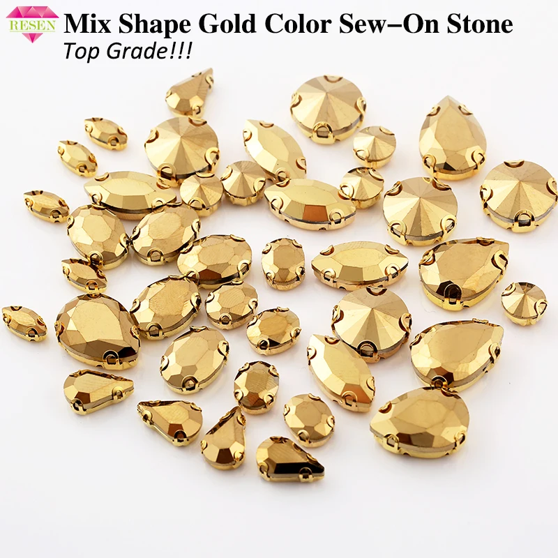RESEN Top Grade! 50PCS Gold Rhinestone Mix Shape Rhinestone Glass Sew ...
