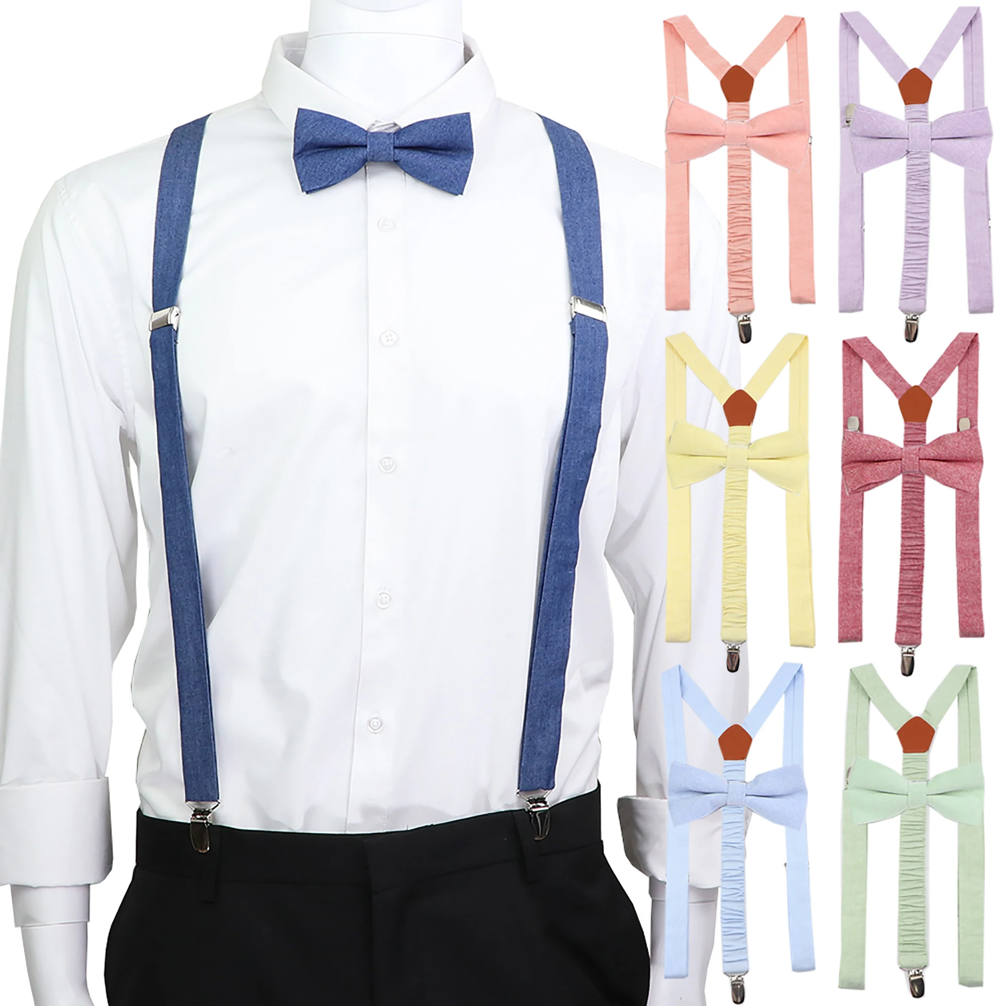 100% Cotton Elastic Leather Suspenders Bowtie Set Men Women Braces ...
