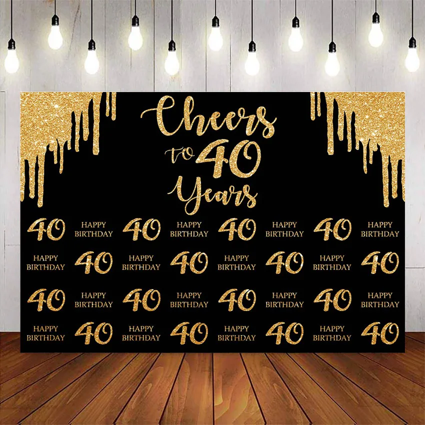 gold glitter cheers 40th birthday backdrop for photography forty birthday party decoration black ...