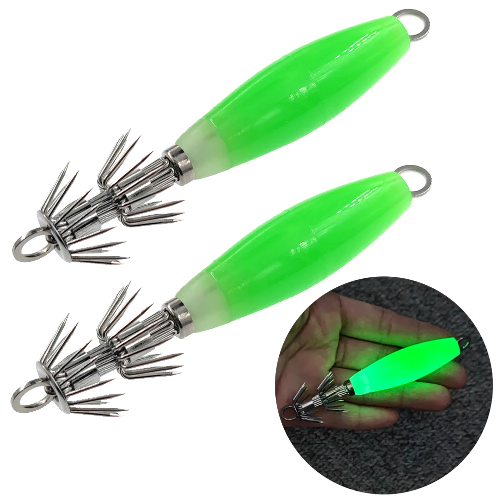 2 pieces Luminous Squid Hooks 10cm/14g Octopus Hook Double Layers Glow ...