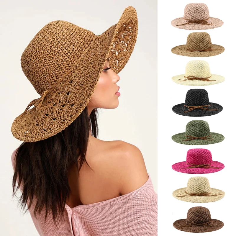 Women Soft Straw Folding Floppy Hats Summer Wide Brim Sunhat Beach ...