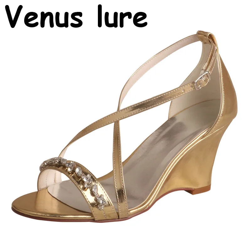 Venus lure Womens Wedge Sandals Gold PU Ladies Shoes Heel Party 7.5CM Heel