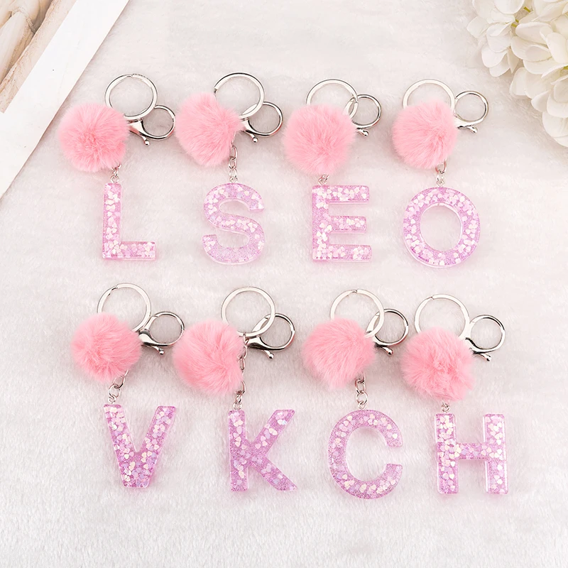 1pc Keyring Pink Color English Letter Keychain With Puffer Ball 26 ...