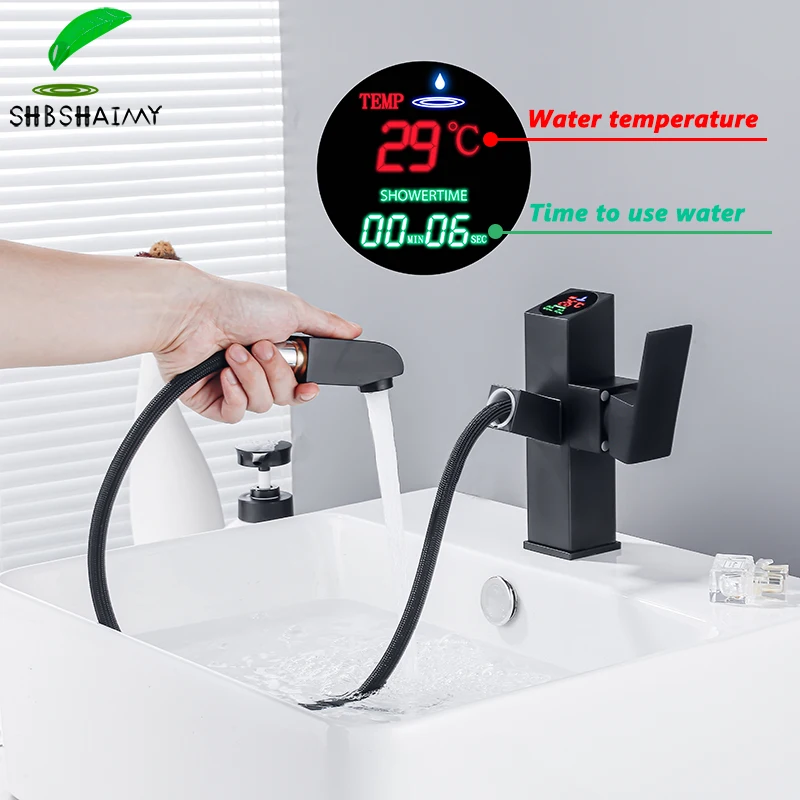 Matte Black Faucet Bathroom Basin Tap with Digital Display Water Power ...