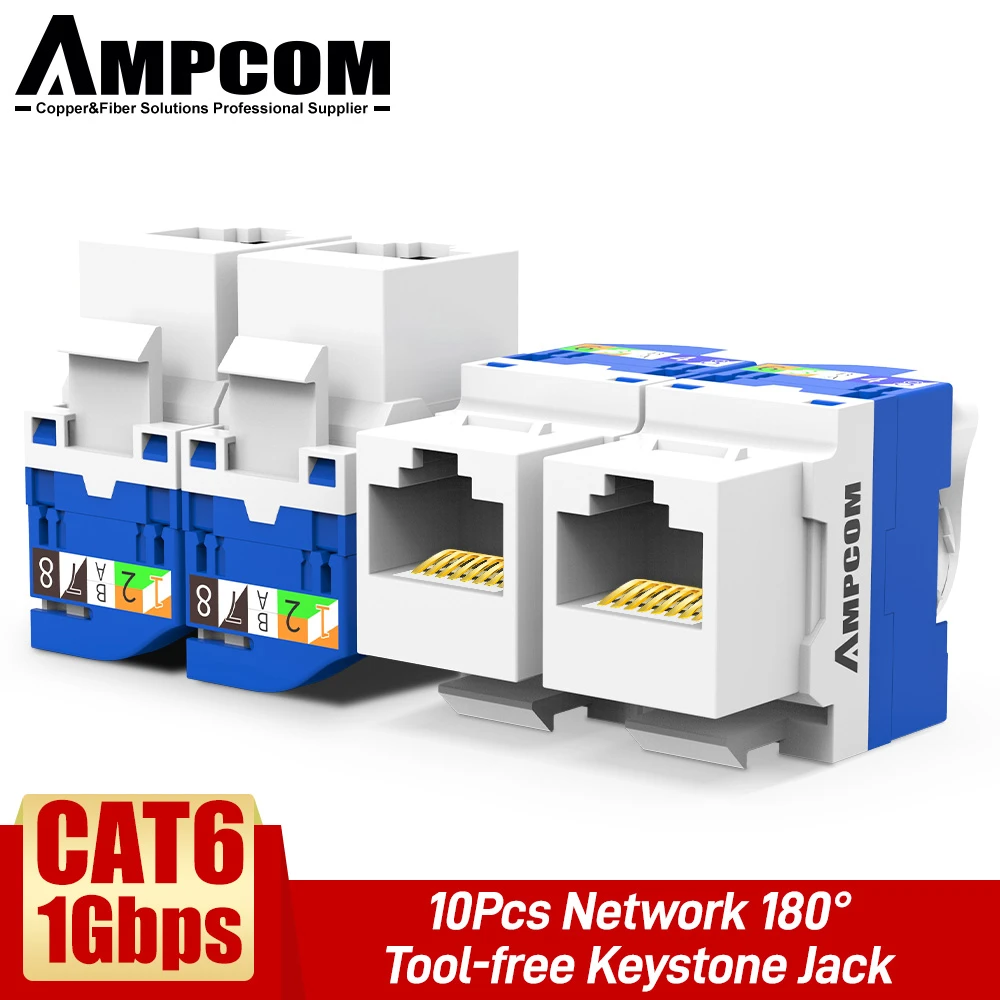 Ampcom (ul Listed) 10-pcs Cat6 Rj45 Tool-less Keystone Jack, No Punch Down Tool Required Utp ...