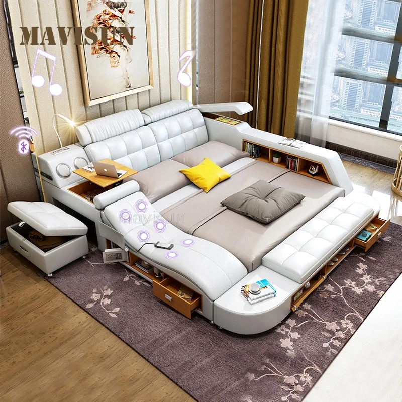 Cama doble multifuncional de cuero para dormitorio principal, mueble de ...