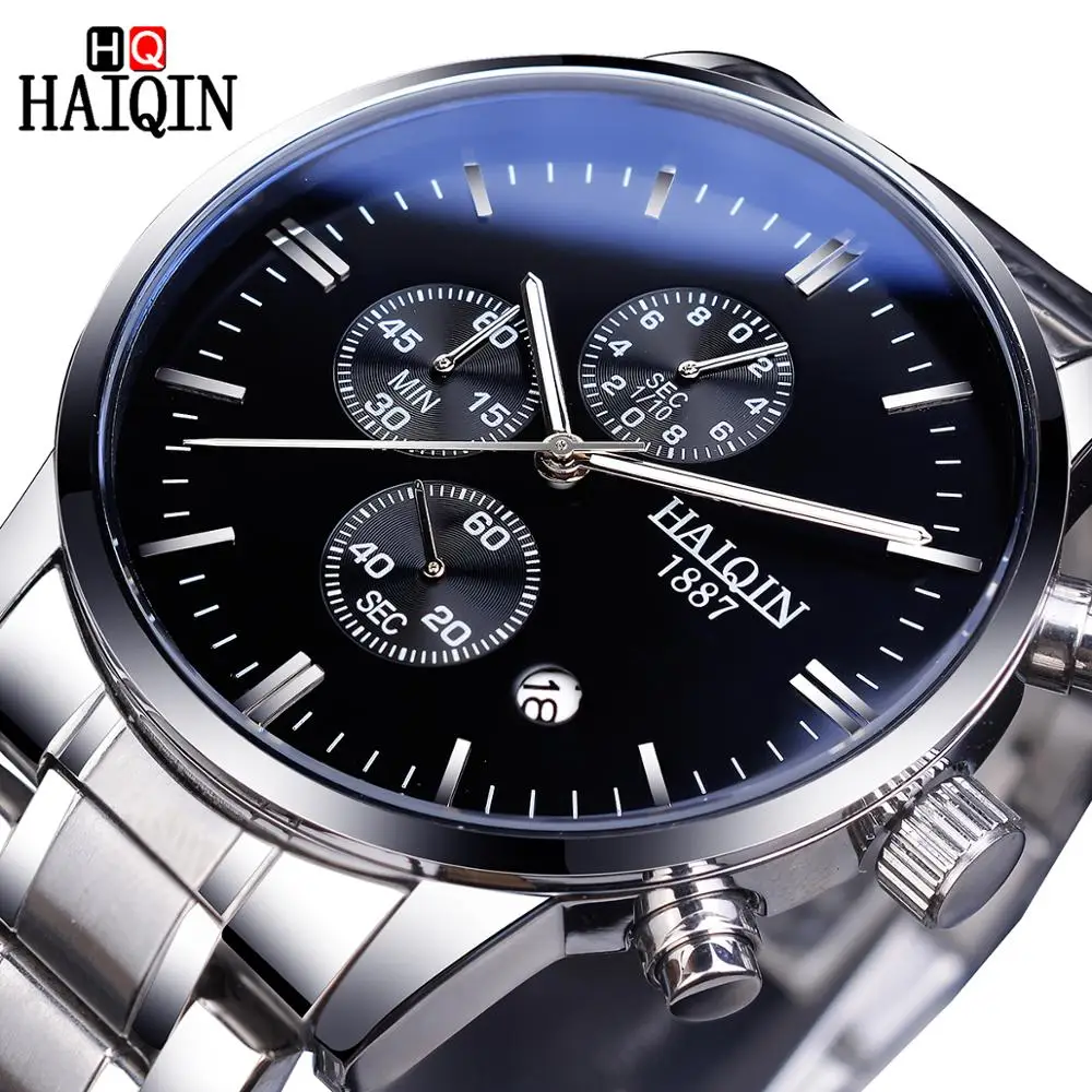 HAIQIN 블랙 패션 세 다이얼 캘린더 디스플레이 망 석영 손목 시계 톱 브랜드 럭셔리 방수 스포츠 비즈니스 남성 시계|수정 ...
