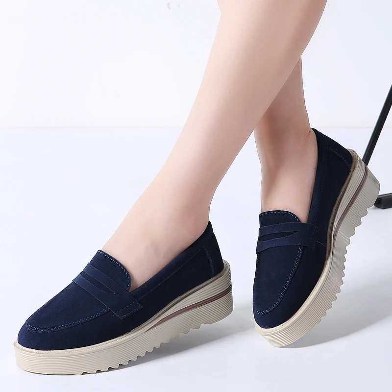 Zapatos planos de plataforma para mujer, calzado informal de ante y cuero, sin cordones, para ...