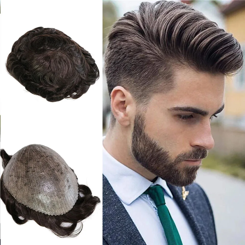 Perucas-dos-homens-cabelo-humano-marrom-ou-preto-completo-pele-fina-pu ...