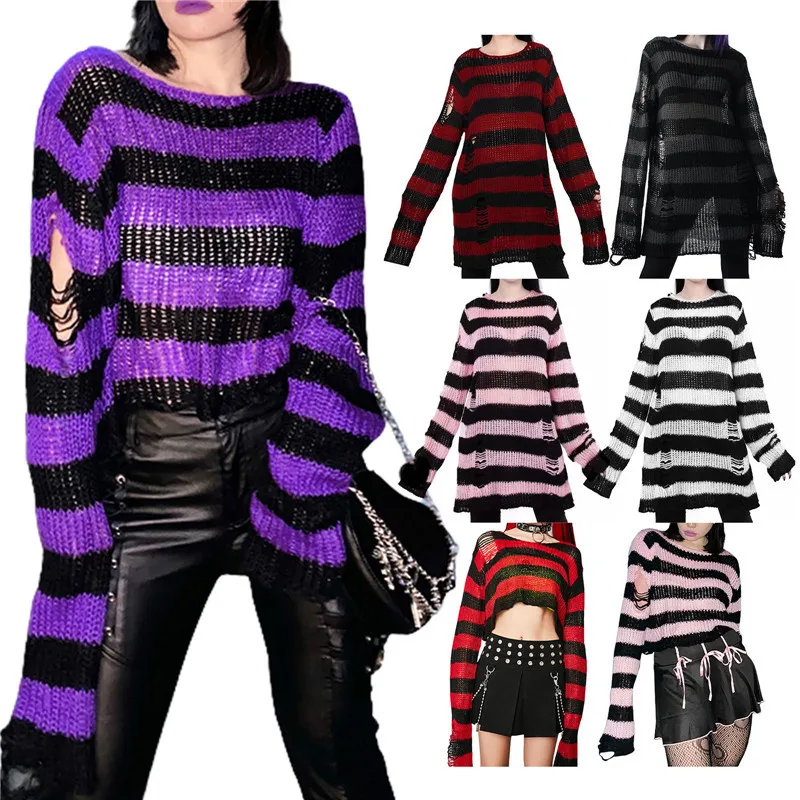 Punk Gothic Sweater for Women Hollow Out Hole Broken Oversized Jumper ...