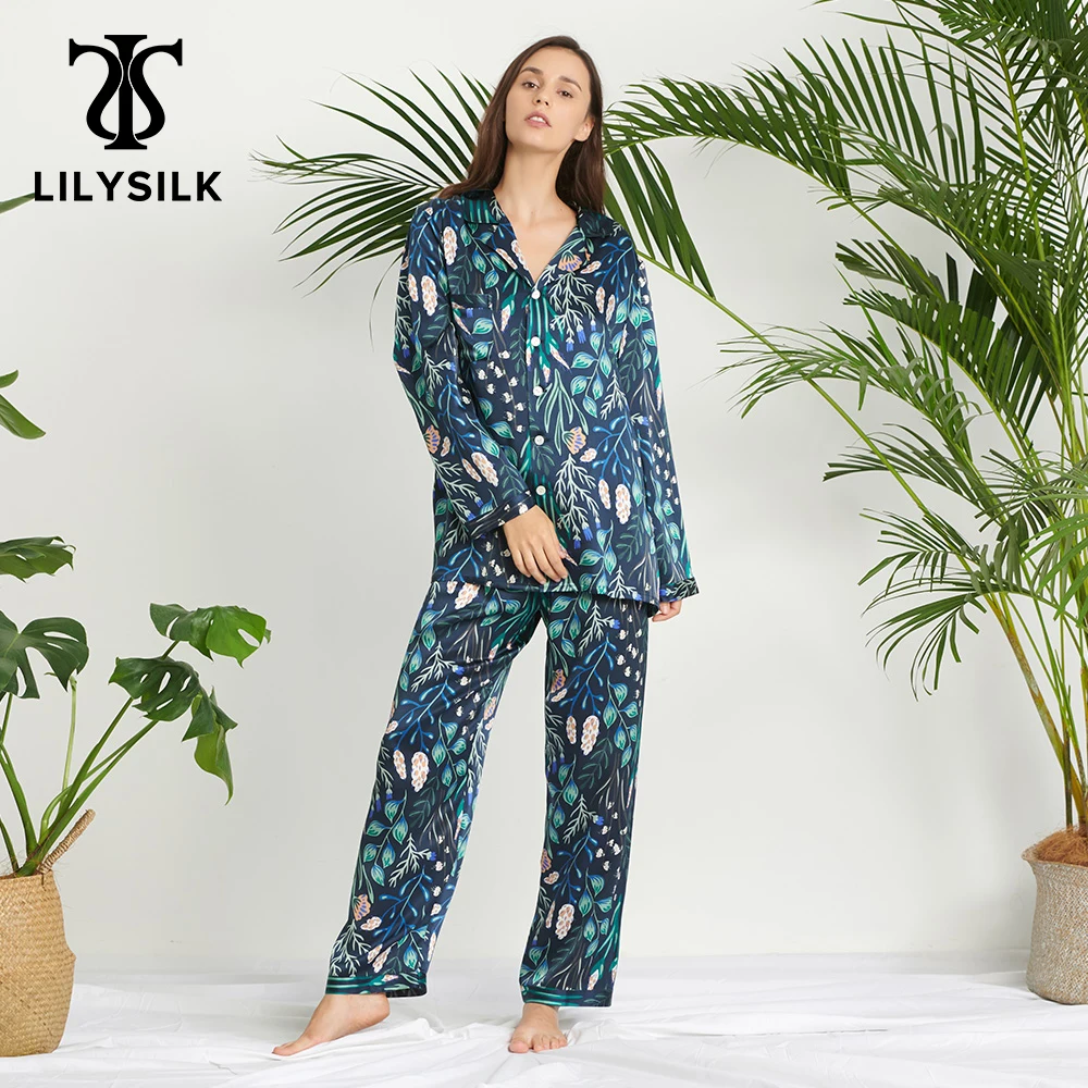 LILYSILK 100 Silk Pajamas Set Pijama Women Sleepwear Plant Print Long NEW Luxury Natural Women's ...