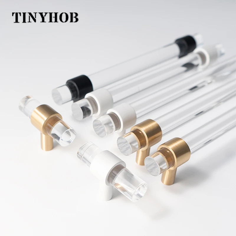 Various Sizes Transparent Acrylic+brass Drawer Knobs White T Bar Handle ...