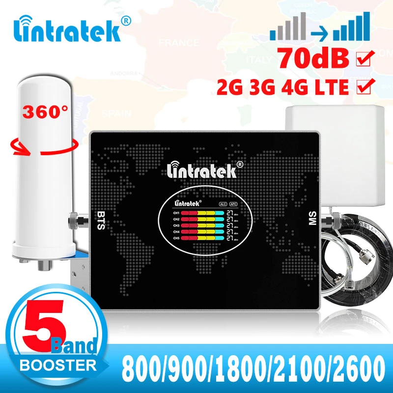 Lintratek 5 Band Signal Booster Lte 4g B20 800 900 Gsm 1800 2100 2600 B7 Cellular Amplifier ...