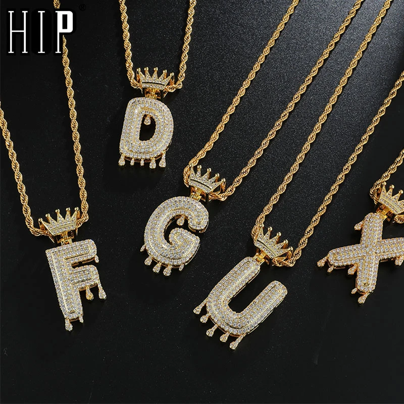 Hip Hop Iced Out Bling Cubic A-z Drip Crown Zircon Letters Necklaces ...